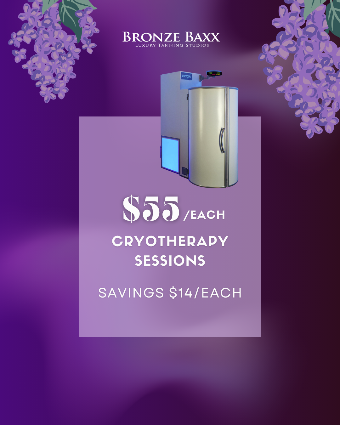 Lilac '25 ️ Cryo Session $55! – Bronze Baxx Tanning & Wellness